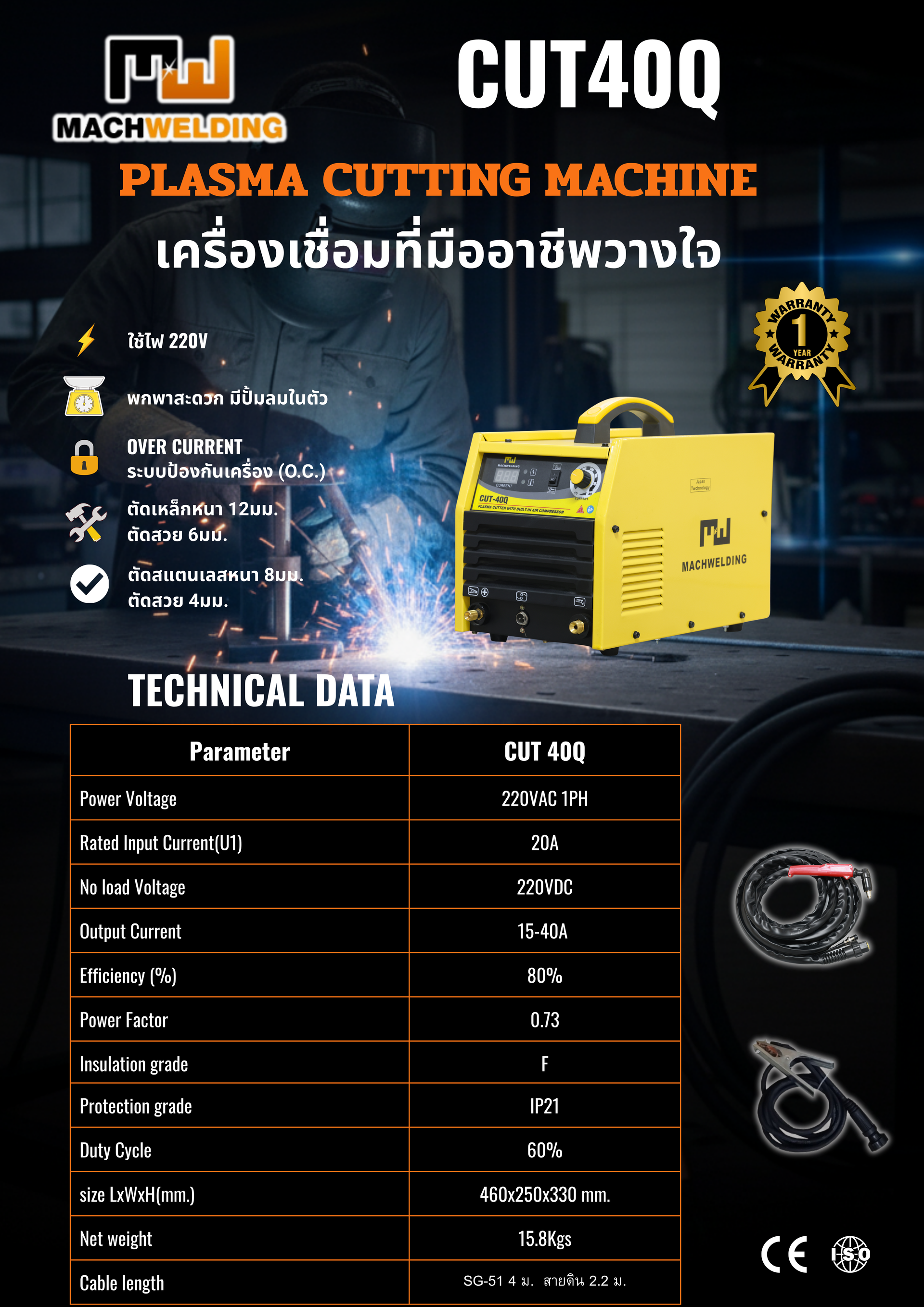 เครื่องตัดพลาสม่า CUT40Q มีปั๊มลมในตัว ตัดเหล็ก 12mm ประกันศูนย์ 1 ปี ...