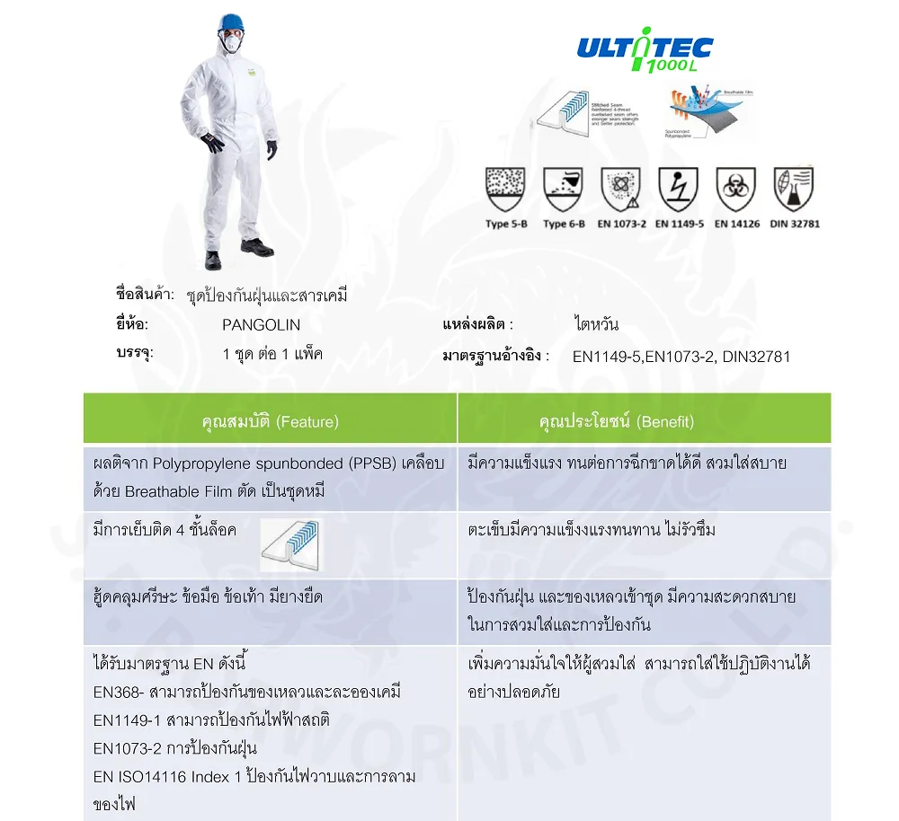 ชุด PPE Ultitec 1000 ชุดป้องกันฝุ่นและสารเคมี