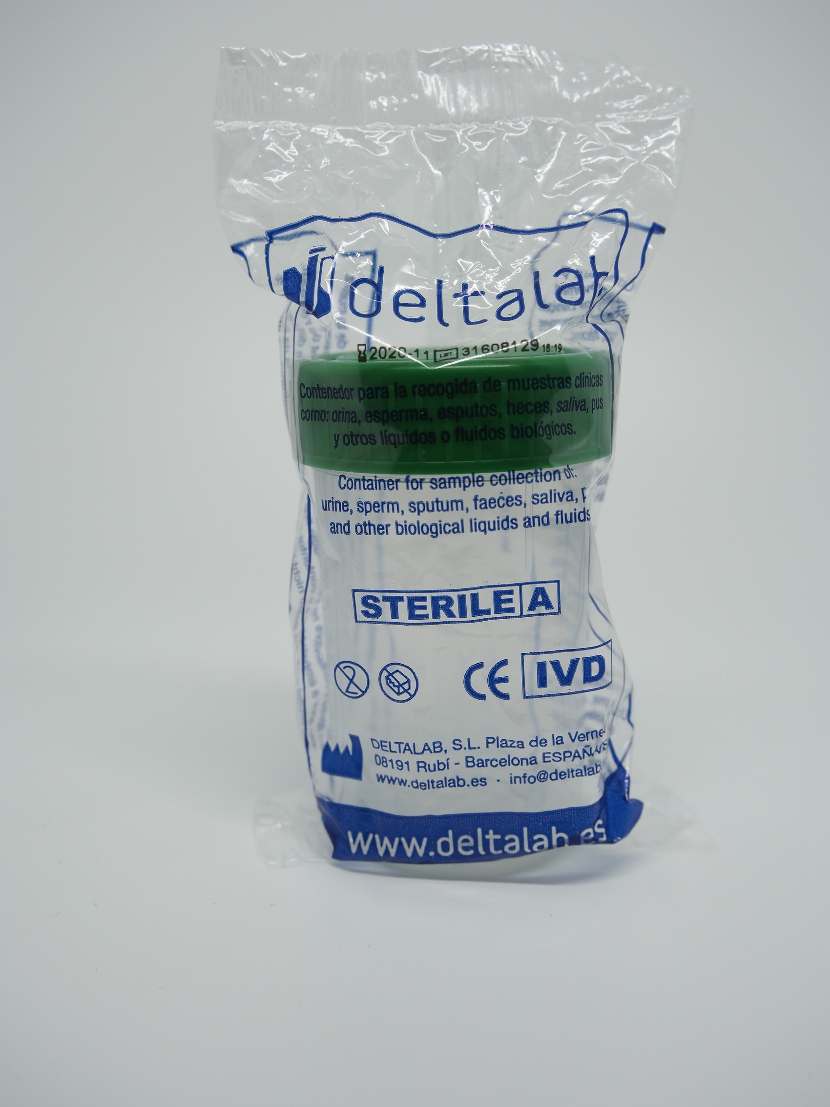 "Deltalab" 60 ml Container PP Green Cap Graduated Sterile