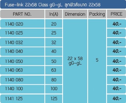 Fuse link 22x58 mm Class: gG-gL ลูกฟิวส์ขนาด 22x58