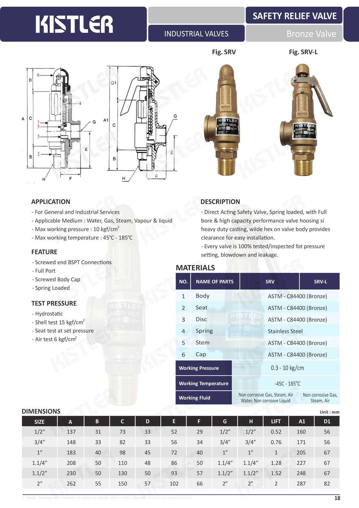 KISTLER SRV, SRV-L SAFETY VALVE BRASS VALVES