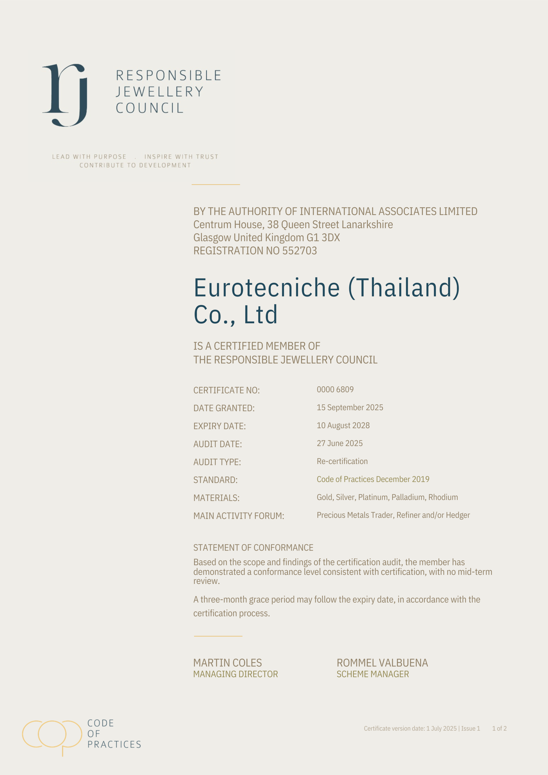 Achieves Second Consecutive RJC Certification