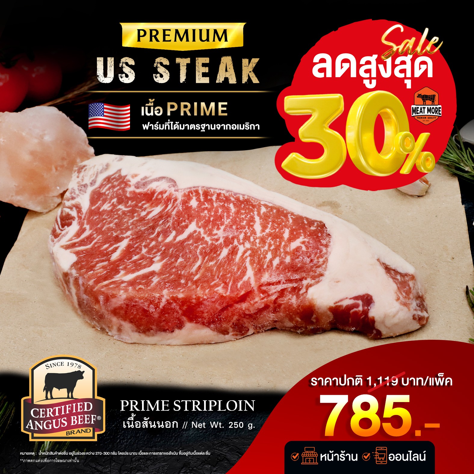 Premium US Prime Striploin น้ำหนัก 250 G.