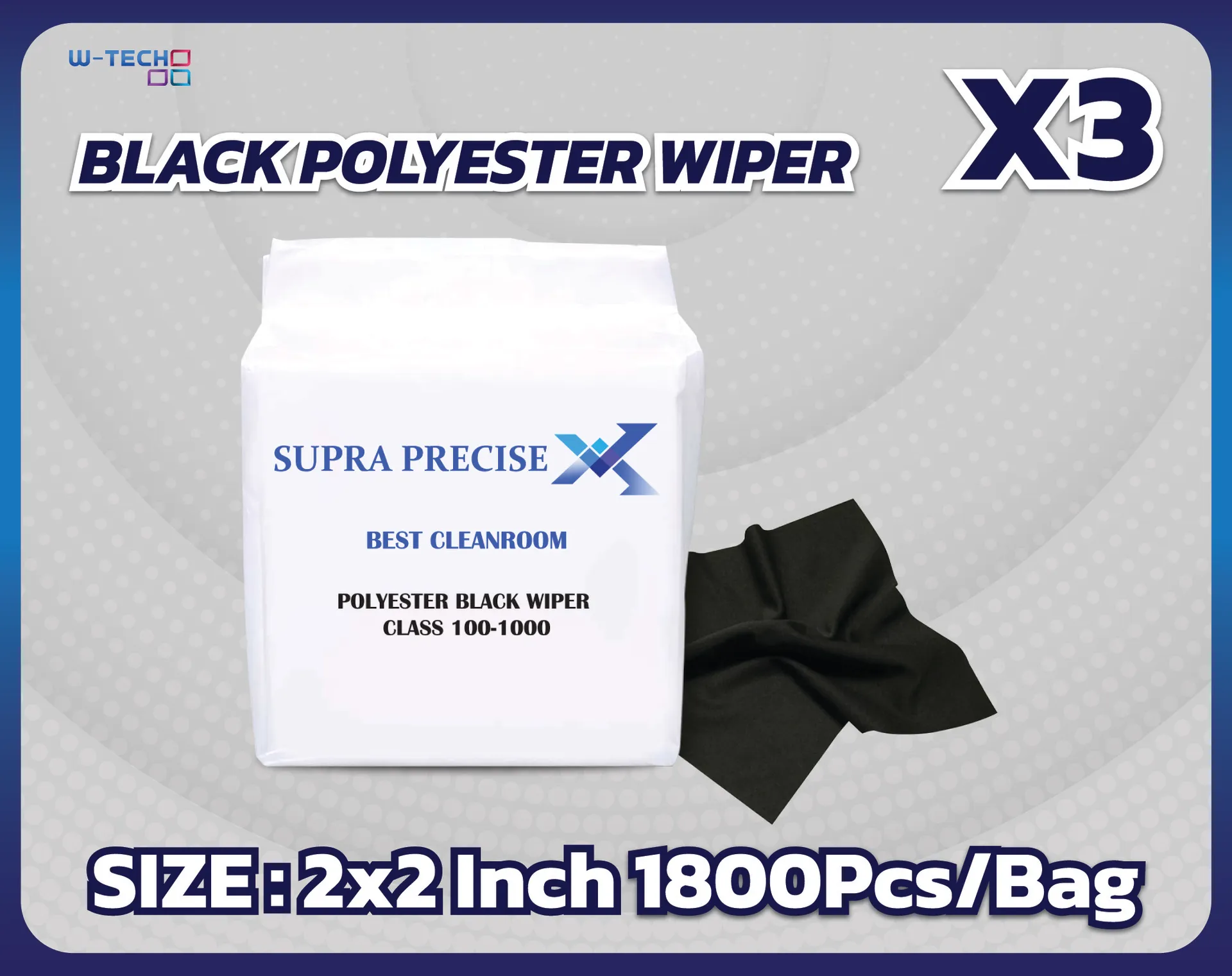 SUPRA CLEAN BLACK POLYESTER WIPER X3-2*2 INCH